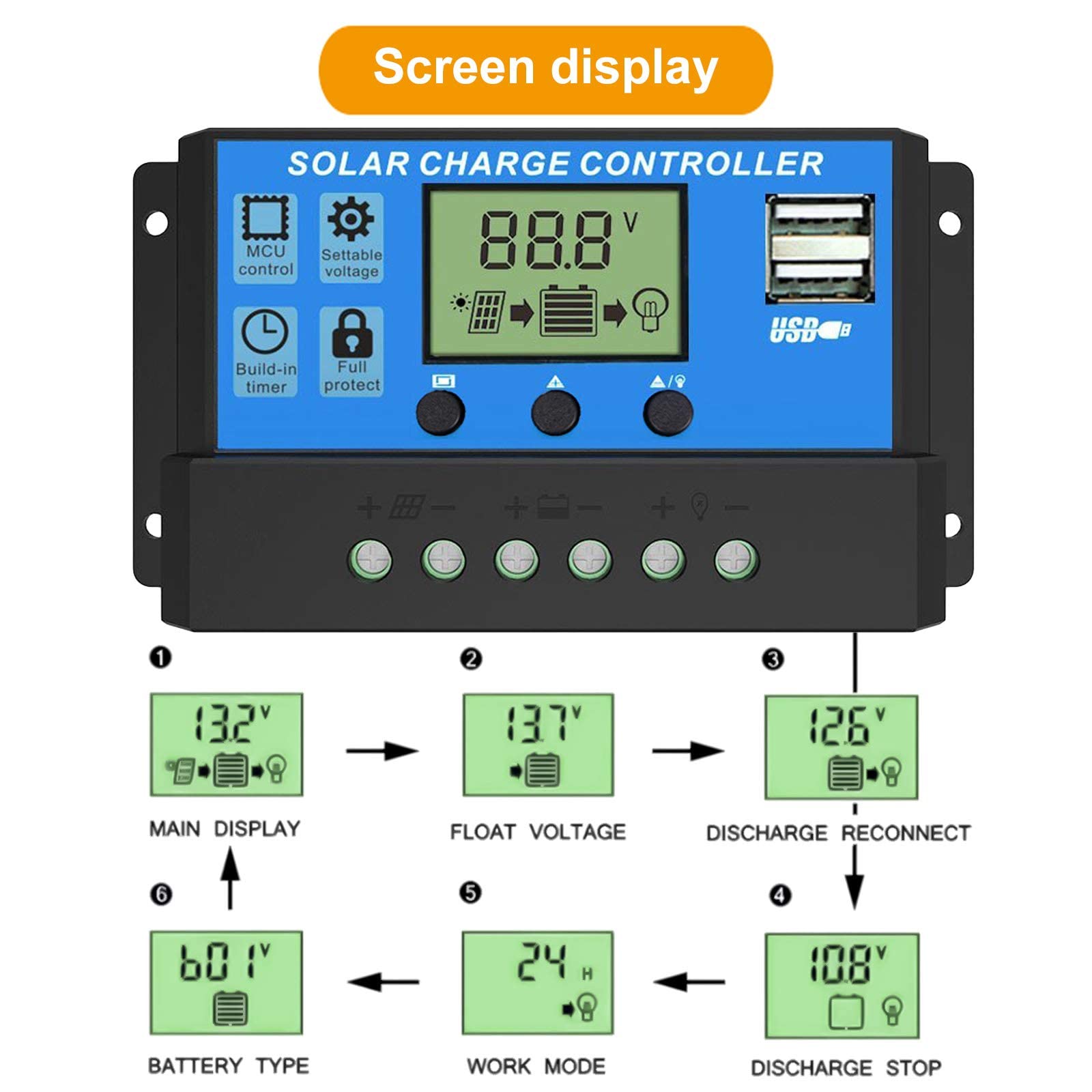 EEEkit 30A Solar Charge Controller, Solar Panel Charger Controller 12V/24V, Multi-Function Adjustable LCD Display with Dual USB Port Timer Setting PWM Auto Parameter