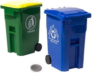 wiosi mini curbside garbage trash bin pen holder and unique tiny size recycle can set pencil cup desktop organizer green blue 2-pack