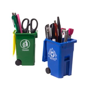 Wiosi Mini Curbside Garbage Trash Bin Pen Holder and Unique Tiny Size Recycle Can Set Pencil Cup Desktop Organizer Green Blue 2-Pack