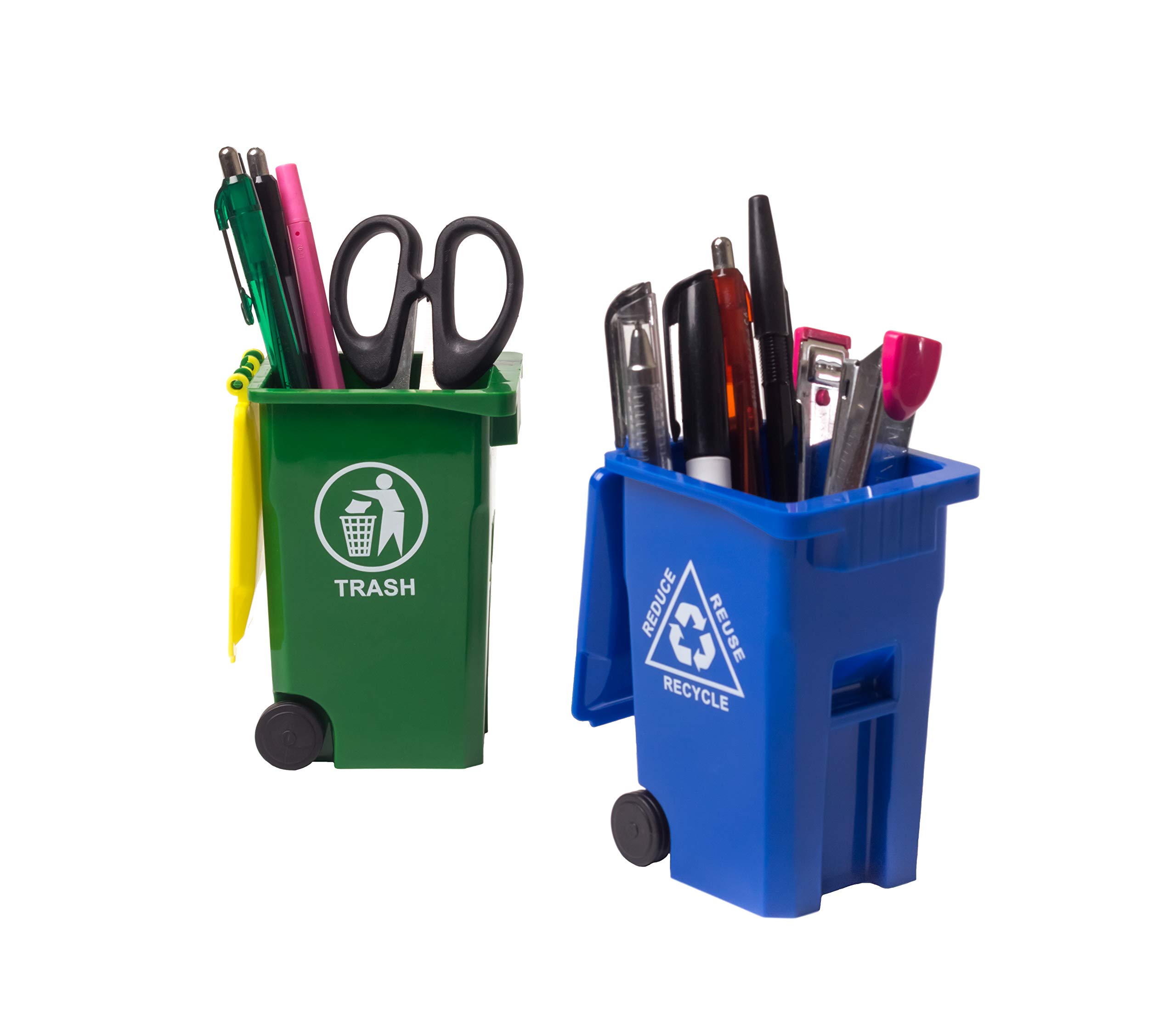 Wiosi Mini Curbside Garbage Trash Bin Pen Holder and Unique Tiny Size Recycle Can Set Pencil Cup Desktop Organizer Green Blue 2-Pack