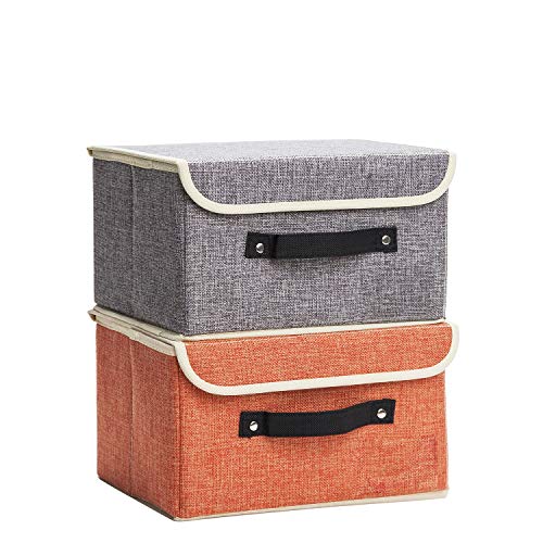 Small Storage Boxes with Lids 2 Pack Linen Collapsible Cube Storage Basket with Handle, Jane's Home Foldable Fabric Storage Box with lids Organizer for Clothes Closet, Ornament