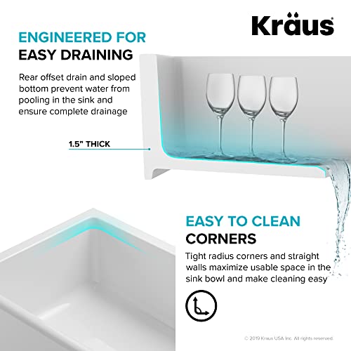 Kraus KFR1-33GWH Turino 33-inch Fireclay Farmhouse Apron Reversible Single Bowl Kitchen Sink with Bottom Grid in, White Color