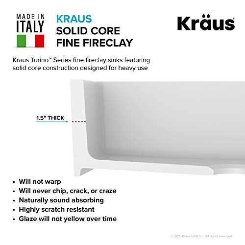 Kraus KFR1-33GWH Turino 33-inch Fireclay Farmhouse Apron Reversible Single Bowl Kitchen Sink with Bottom Grid in, White Color