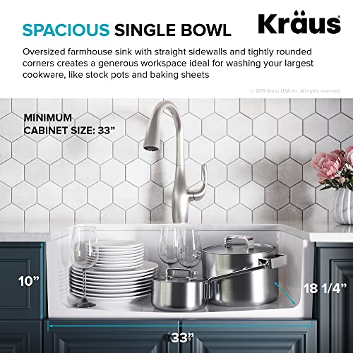 Kraus KFR1-33GWH Turino 33-inch Fireclay Farmhouse Apron Reversible Single Bowl Kitchen Sink with Bottom Grid in, White Color