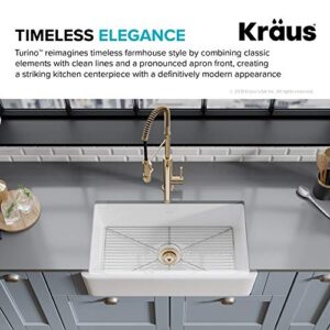 Kraus KFR1-33GWH Turino 33-inch Fireclay Farmhouse Apron Reversible Single Bowl Kitchen Sink with Bottom Grid in, White Color