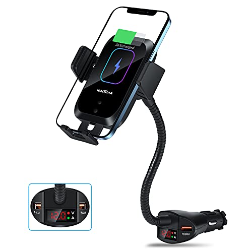 Car Cigarette Lighter Wireless Charger- Phone Holder Mount,Automatic Infrared Smart Sensing 15W Qi Fast Wireless Charging Cradle for Cell Phone,Dual USB, Double QC3.0 Output