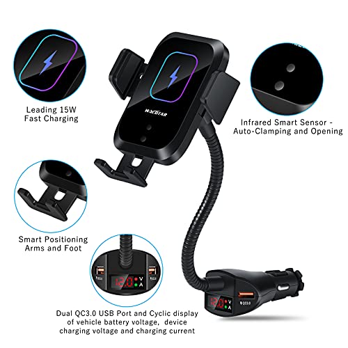 Car Cigarette Lighter Wireless Charger- Phone Holder Mount,Automatic Infrared Smart Sensing 15W Qi Fast Wireless Charging Cradle for Cell Phone,Dual USB, Double QC3.0 Output