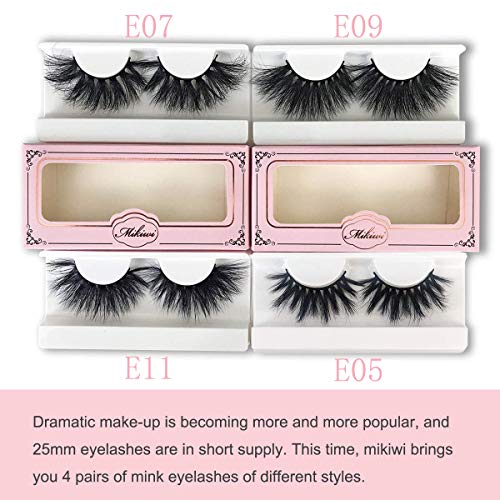 25mm Mink Lashes MIKIWI 4 Pack, Real 3D Mink Lashes, Fluffy Mink Lashes, Thick HandMade Full Strip Lashes, Dramatic 25mm Lashes, 3D Mink Eyelashes