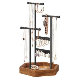 songmics jewelry holder, jewelry organizer, 4 independent zones, jewelry display stand with metal frame, necklace earring bracelet holder, for rings, black and caramel brown ujjs03cb