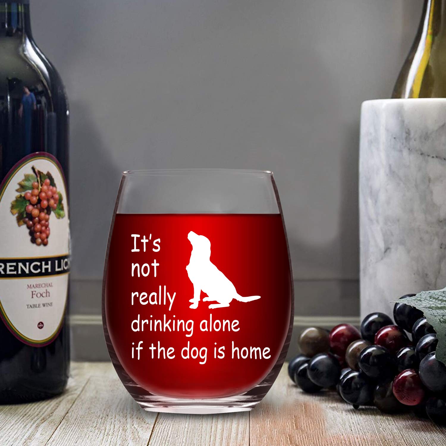 Stemless Wine Glass It's not really drinking alone if the dog is home Funny Wine Cup Best Gift for Dog Lover 15 oz