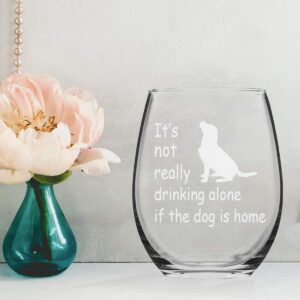 Stemless Wine Glass It's not really drinking alone if the dog is home Funny Wine Cup Best Gift for Dog Lover 15 oz