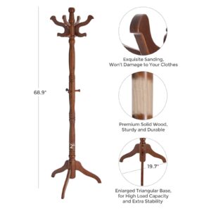 VASAGLE Coat Rack Free Standing with 11 Hooks, Wooden Hall Tree Coat Hat Tree Coat Holder with Solid Rubberwood Base for Coat, Hat, Clothes, Scarves, Handbags, Umbrella, Dark Walnut URCR05WN