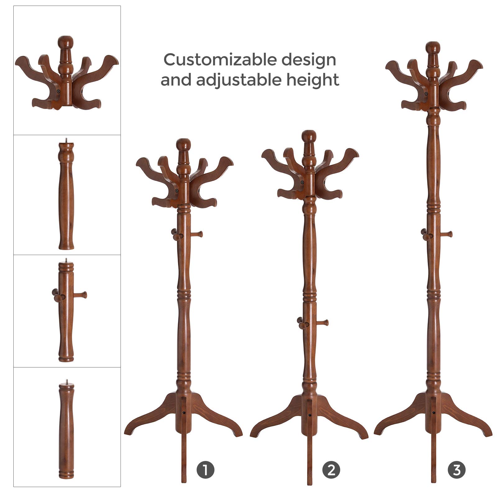 VASAGLE Coat Rack Free Standing with 11 Hooks, Wooden Hall Tree Coat Hat Tree Coat Holder with Solid Rubberwood Base for Coat, Hat, Clothes, Scarves, Handbags, Umbrella, Dark Walnut URCR05WN