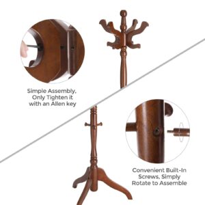 VASAGLE Coat Rack Free Standing with 11 Hooks, Wooden Hall Tree Coat Hat Tree Coat Holder with Solid Rubberwood Base for Coat, Hat, Clothes, Scarves, Handbags, Umbrella, Dark Walnut URCR05WN