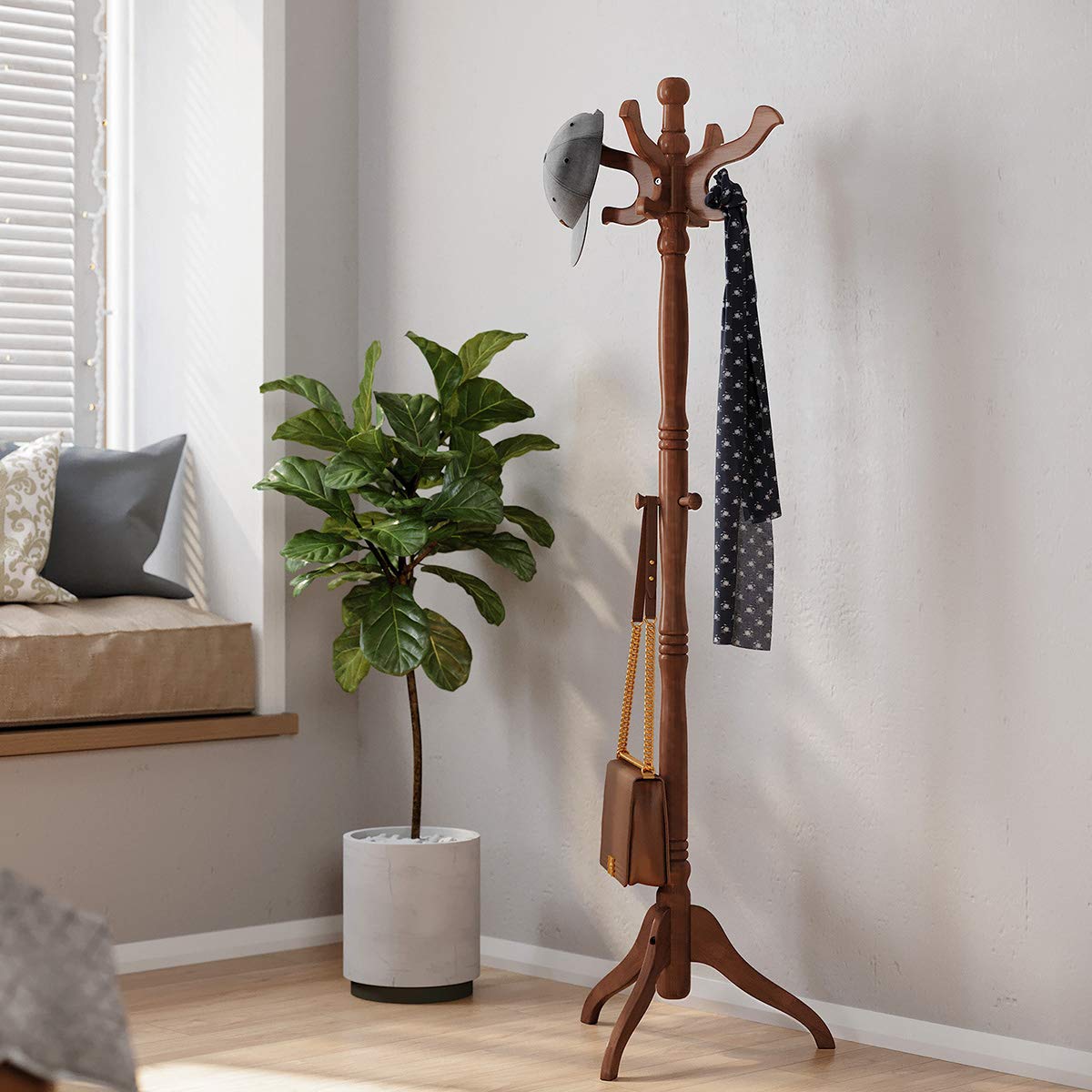 VASAGLE Coat Rack Free Standing with 11 Hooks, Wooden Hall Tree Coat Hat Tree Coat Holder with Solid Rubberwood Base for Coat, Hat, Clothes, Scarves, Handbags, Umbrella, Dark Walnut URCR05WN