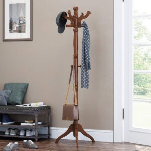 VASAGLE Coat Rack Free Standing with 11 Hooks, Wooden Hall Tree Coat Hat Tree Coat Holder with Solid Rubberwood Base for Coat, Hat, Clothes, Scarves, Handbags, Umbrella, Dark Walnut URCR05WN