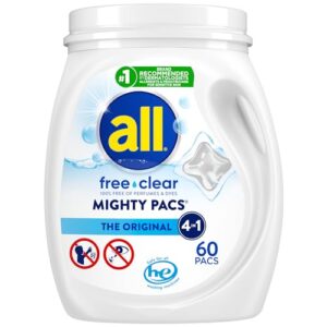 all mighty pacs laundry detergent, free clear for sensitive skin, tub, 60 count