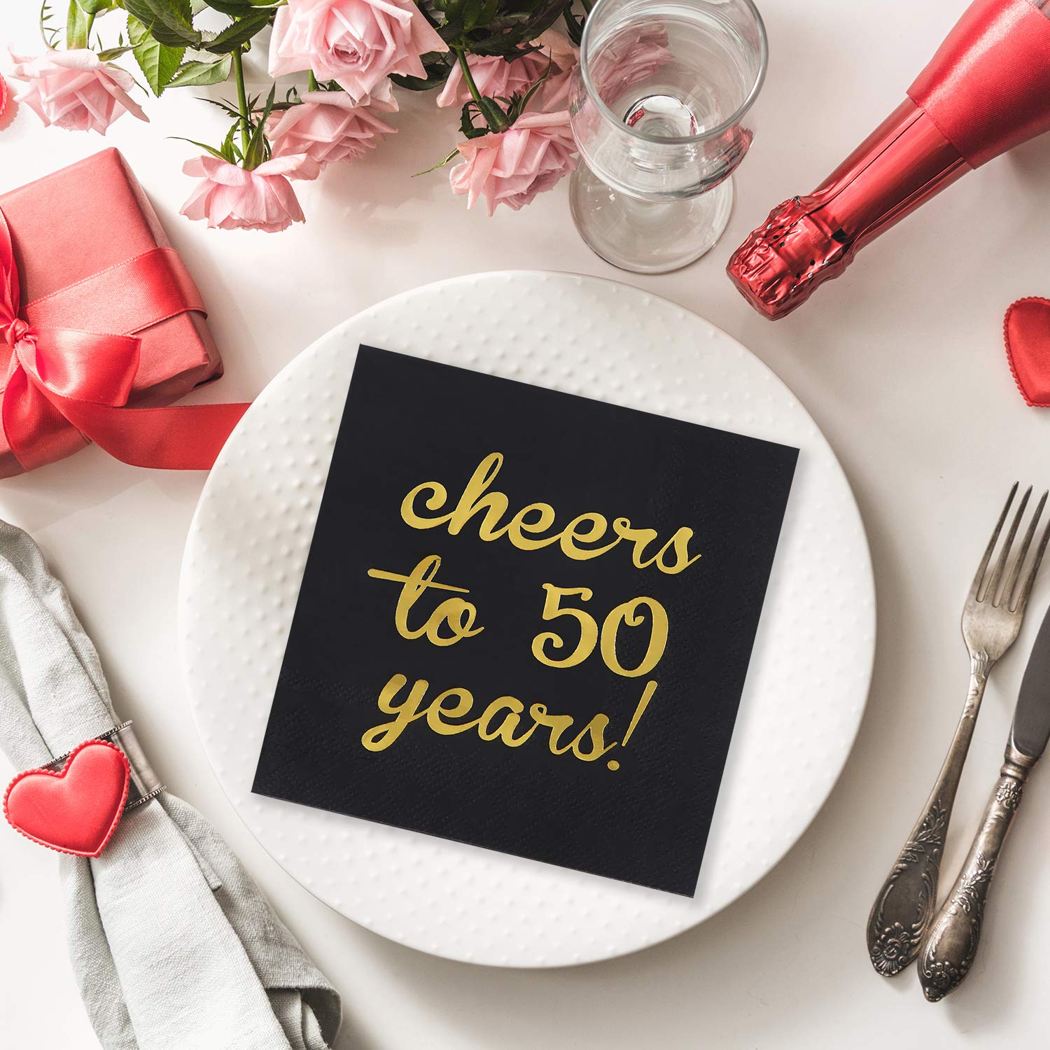 Elcoho 60 Pack Cocktail Napkins 50th Birthday Decorations Luncheon Napkins for Birthday, Anniversary Party Supplies, Cheers to 50 Years Design, 2 Layers, 5 by 5 Inches (Cheers to 50 Years)