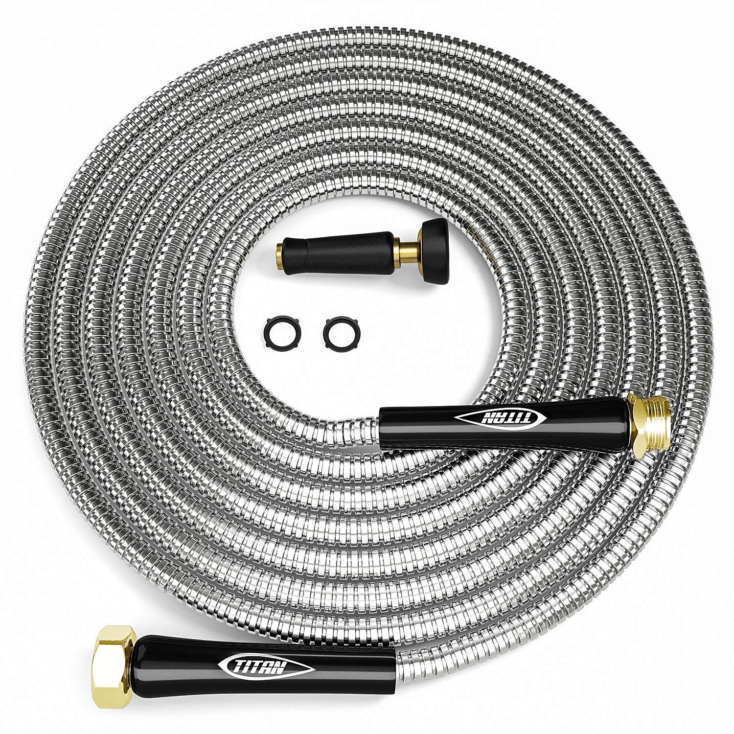 TITAN Garden Hose 15FT - 304 Stainless Steel Metal Water Hose, Flexible, Kink-Free, Lightweight, Durable, Crush Resistant Fittings, Easy to Coil, 500 PSI