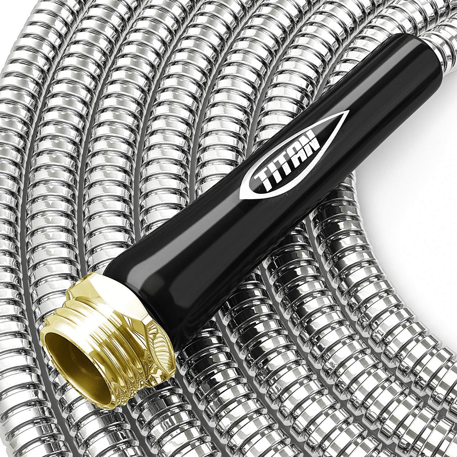 TITAN Garden Hose 15FT - 304 Stainless Steel Metal Water Hose, Flexible, Kink-Free, Lightweight, Durable, Crush Resistant Fittings, Easy to Coil, 500 PSI