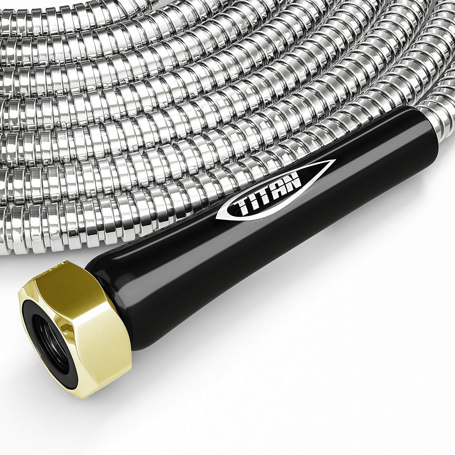 TITAN Garden Hose 15FT - 304 Stainless Steel Metal Water Hose, Flexible, Kink-Free, Lightweight, Durable, Crush Resistant Fittings, Easy to Coil, 500 PSI