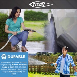 TITAN Garden Hose 15FT - 304 Stainless Steel Metal Water Hose, Flexible, Kink-Free, Lightweight, Durable, Crush Resistant Fittings, Easy to Coil, 500 PSI