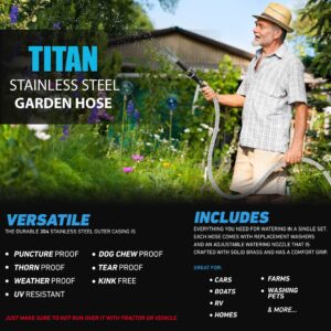 TITAN Garden Hose 15FT - 304 Stainless Steel Metal Water Hose, Flexible, Kink-Free, Lightweight, Durable, Crush Resistant Fittings, Easy to Coil, 500 PSI