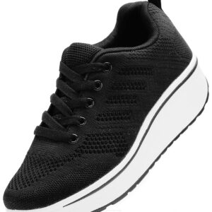 PPXID Women's Platform Fashion Sneakers Breathable Mesh Walking Shoes Lightweight Non Slip Running Shoes-Black 12 US Size