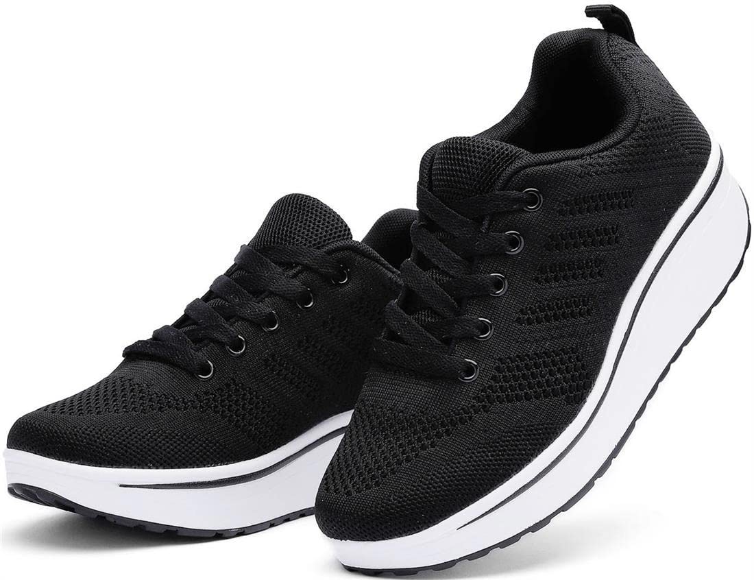 PPXID Women's Platform Fashion Sneakers Breathable Mesh Walking Shoes Lightweight Non Slip Running Shoes-Black 12 US Size