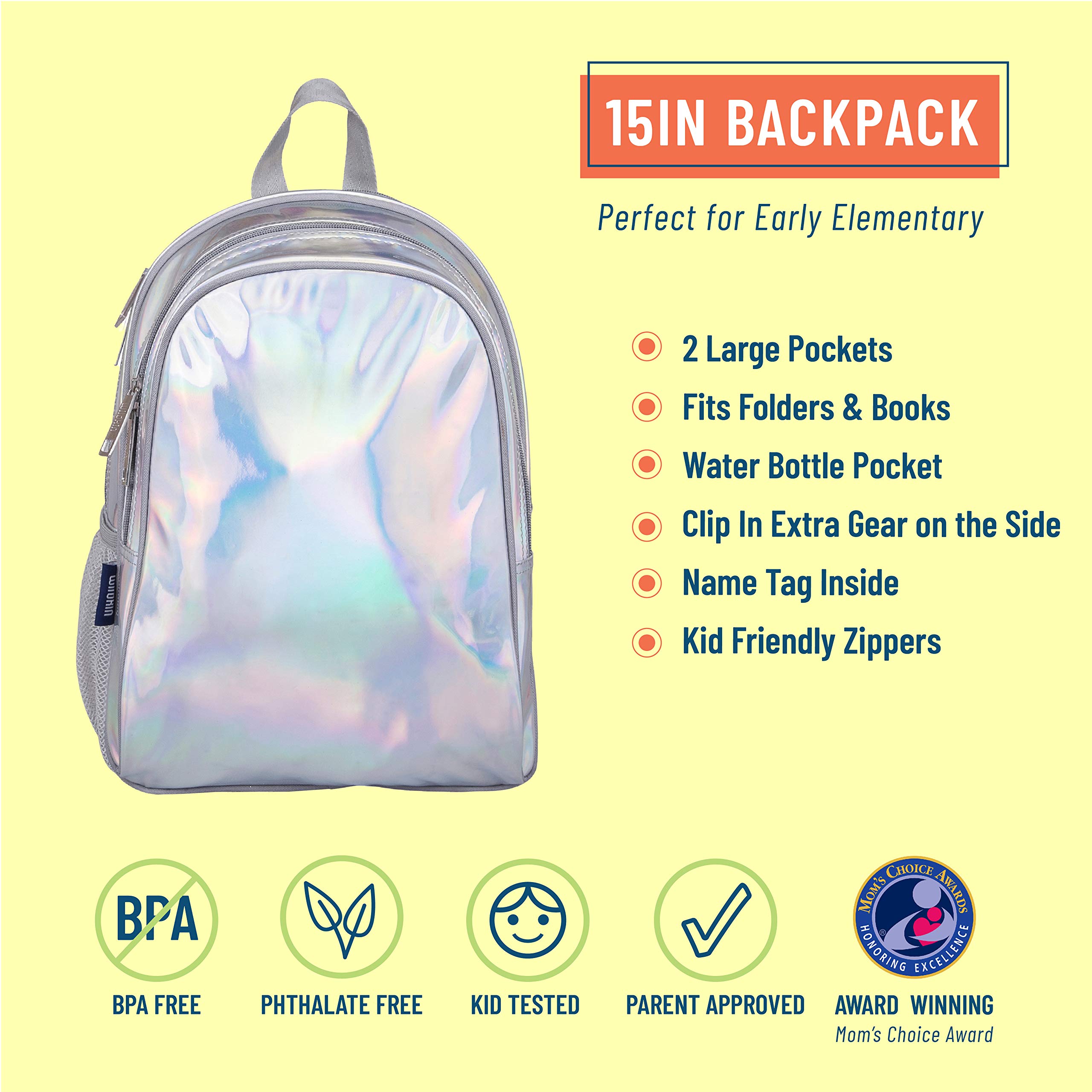 Wildkin 15-Inch Kids Backpack for Boys & Girls, Perfect for Early Elementary, Backpack for Kids Features Padded Back & Adjustable Strap, Ideal for School & Travel Backpacks (Holographic)