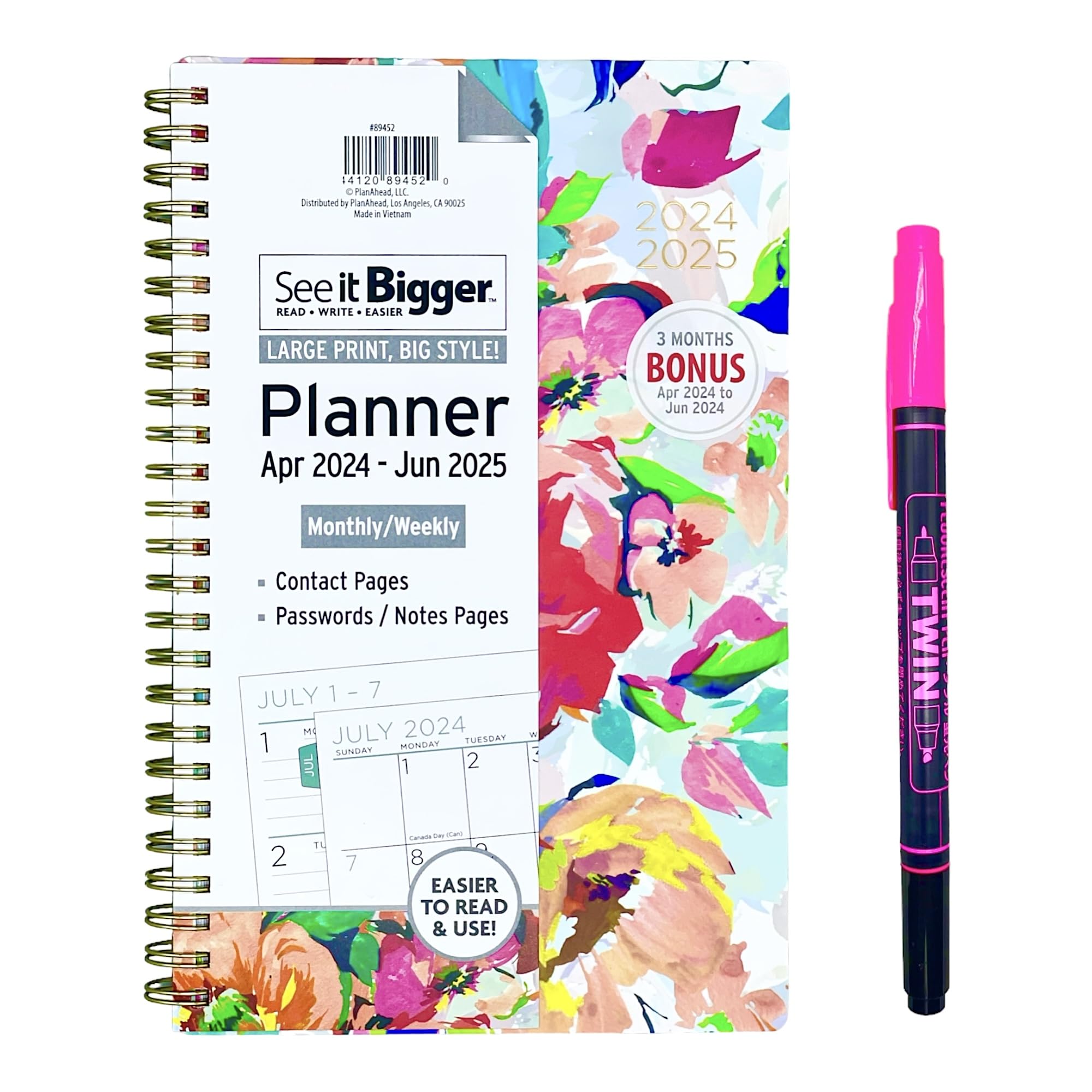 PlanAhead See IT Bigger April 2024 - June 2025 Size 8.75" x 5.5" x 0.5" Monthly/Weekly Medium Planner and Twin Fluorescent Pen (Floral Coppa)