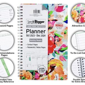 PlanAhead See IT Bigger April 2024 - June 2025 Size 8.75" x 5.5" x 0.5" Monthly/Weekly Medium Planner and Twin Fluorescent Pen (Floral Coppa)