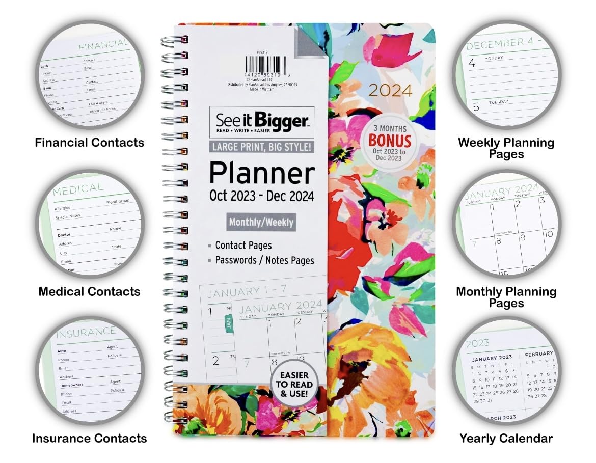 PlanAhead See IT Bigger April 2024 - June 2025 Size 8.75" x 5.5" x 0.5" Monthly/Weekly Medium Planner and Twin Fluorescent Pen (Floral Coppa)