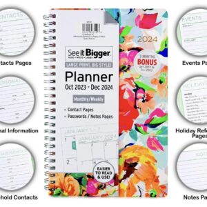 PlanAhead See IT Bigger April 2024 - June 2025 Size 8.75" x 5.5" x 0.5" Monthly/Weekly Medium Planner and Twin Fluorescent Pen (Floral Coppa)