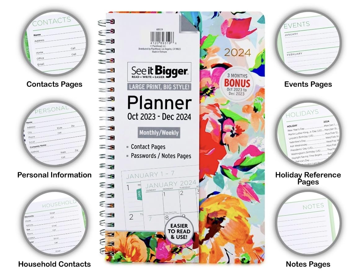 PlanAhead See IT Bigger April 2024 - June 2025 Size 8.75" x 5.5" x 0.5" Monthly/Weekly Medium Planner and Twin Fluorescent Pen (Floral Coppa)