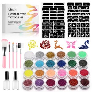 lictin glitter tattoo set - 24pcs cosmetic glitter tattoo set tattoo stencils glitter tattoos temporary tattoo template set with 117 stencils, 2 glue, 5 brushes