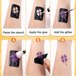 Lictin Glitter Tattoo Set - 24pcs Cosmetic Glitter Tattoo Set Tattoo Stencils Glitter Tattoos Temporary Tattoo Template Set with 117 Stencils, 2 Glue, 5 Brushes