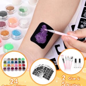 Lictin Glitter Tattoo Set - 24pcs Cosmetic Glitter Tattoo Set Tattoo Stencils Glitter Tattoos Temporary Tattoo Template Set with 117 Stencils, 2 Glue, 5 Brushes