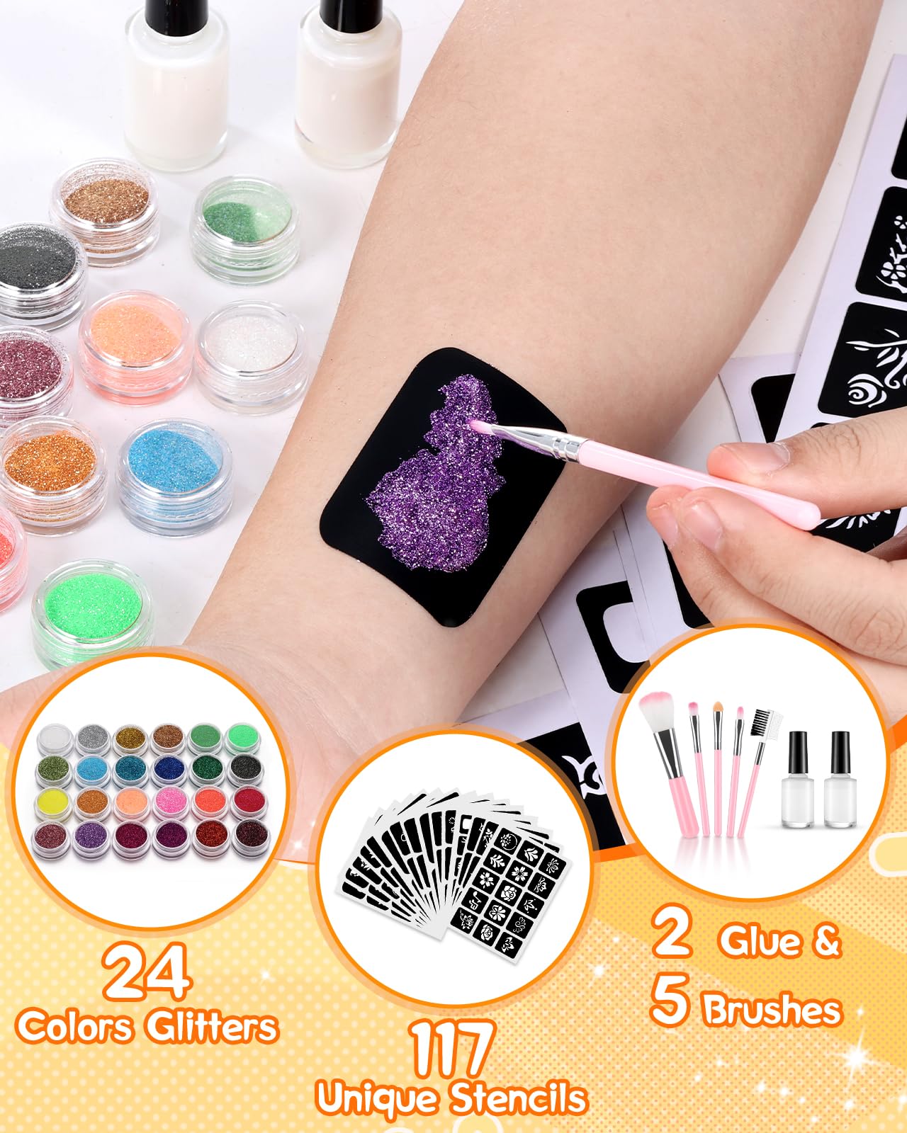 Lictin Glitter Tattoo Set - 24pcs Cosmetic Glitter Tattoo Set Tattoo Stencils Glitter Tattoos Temporary Tattoo Template Set with 117 Stencils, 2 Glue, 5 Brushes