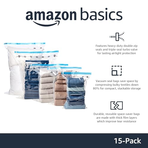 Amazon Basics Vacuum Compression Zipper Storage Bags With Hand Pump, 15-Pack, Multiple, White