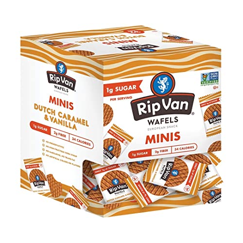 Rip Van Wafels Dutch Caramel Mini Stroopwafels - Low Carb Snacks (3g Net Carbs) - Non GMO Snack - Keto Friendly - Office Snacks - Low Calorie Snack (37 Calories) - Low Sugar (1g) - 32 Pack