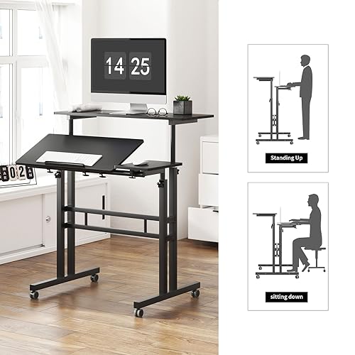 soges Mobile Laptop Sit-Stand Desk, Height Adjustable Standing Tiltable Top Desk, 31.5 inch Stand Up Computer Desk for Home Office, Small Rolling Desk for Small Space, Black ZS-101-2BK