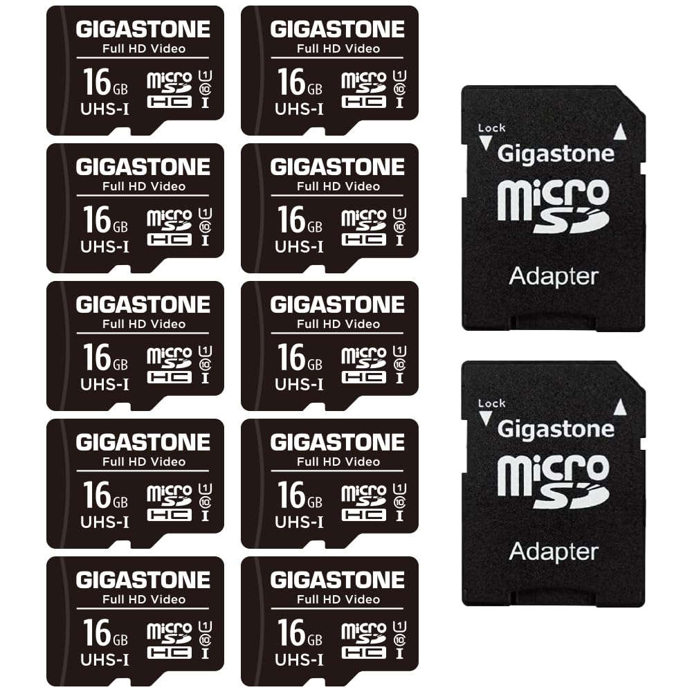 [Gigastone] 16GB 10-Pack Micro SD Card, FHD Video, Surveillance Security Cam Action Camera Drone, 85MB/s Micro SDHC UHS-I U1 Class 10, with Adapters