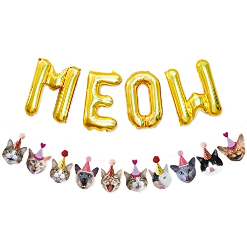 Bessmoso Funny Cat Party Garland Meow Letter Balloons Cats Faces with Party Hats Banner Kitten Bunting Photo Props for Cat Theme Birthday Party Pet Adoption Party Supplies