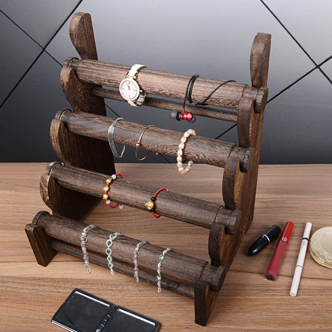 TOPNEW 4 Tier Wooden Bracelet Holder, Bangle Watch Necklace Display Storage Jewelry Holder Stand Display Organizer, Brown 4 Tier Wooden Bracelet Holder