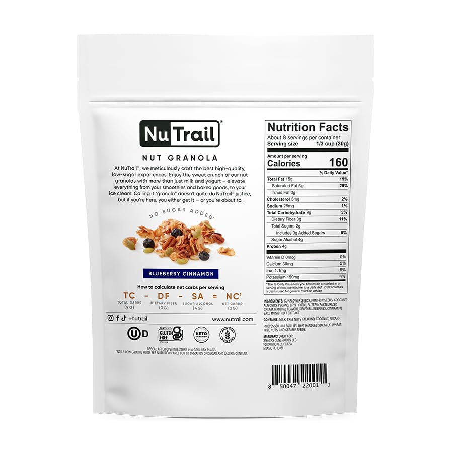 NuTrail Nut Granola Cereal, Blueberry Cinnamon, No Sugar Added, Keto, Low Carb, Gluten Free, Grain Free, Healthy Breakfast 8 oz. 1 Count