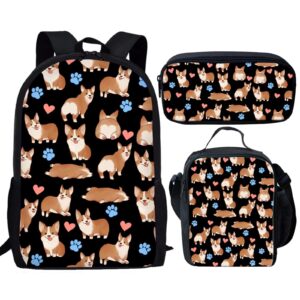 showudesigns school backpack set for girls boys kids bookbag schoolbag + small lunch box + pencil holder - corgi heart black