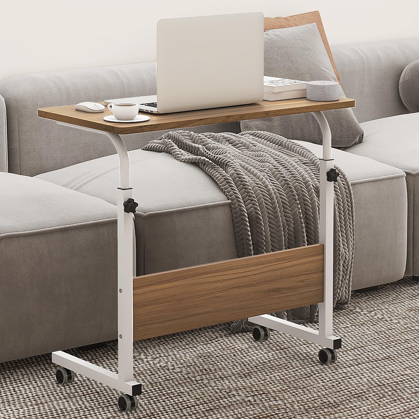 SogesHome 31.5inches Adjustable Mobile Bed Table Portable Laptop Computer Stand Desks with Rolling Wheels, Oak