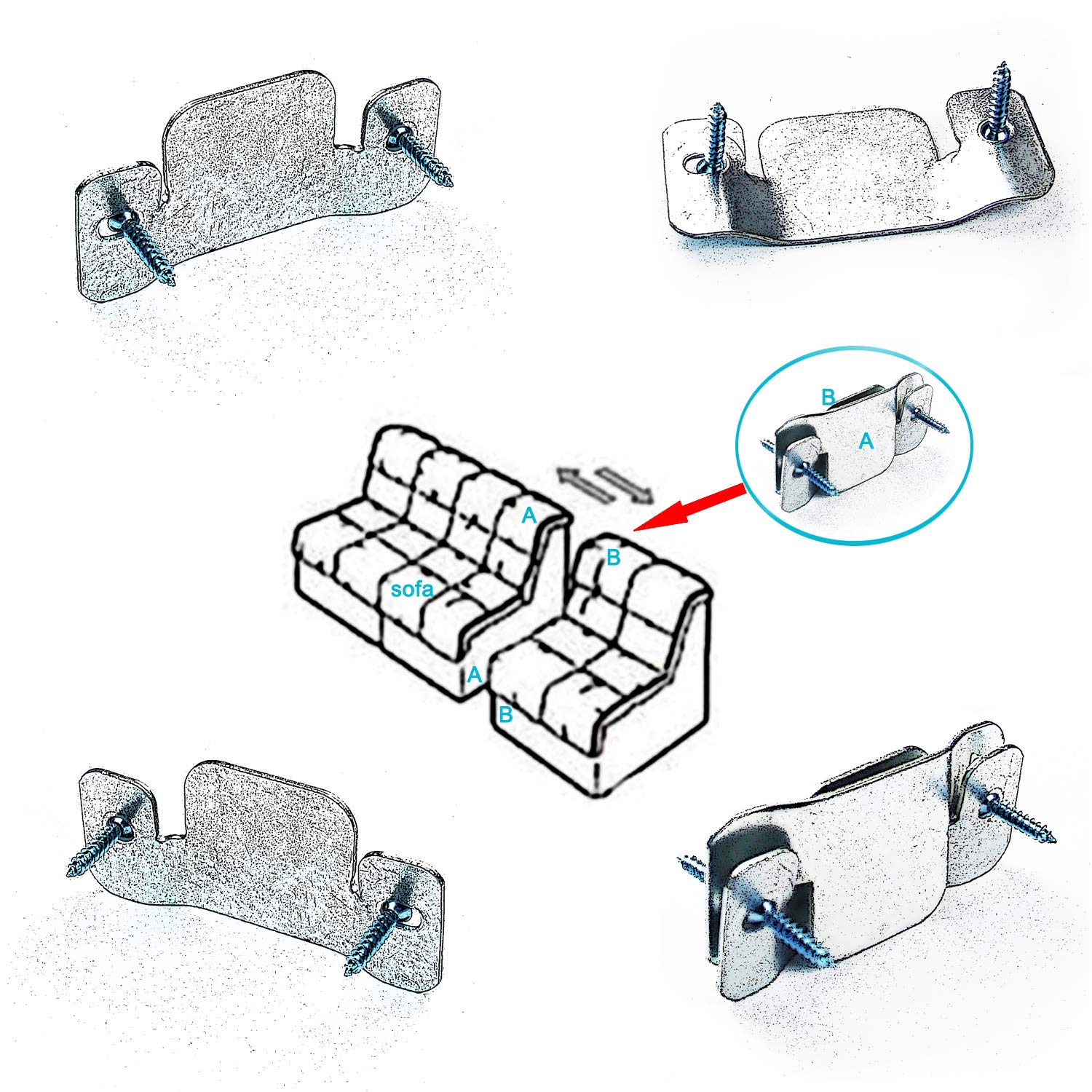 Metal Sectional Couch Connectors Furniture Interlocking,Sectional Sofa Fastener Software Bracket with Screws for Loveseat, Recliner, Chair or Chaise Lounge (4 Pcs)