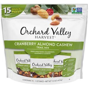 orchard valley harvest cranberry almond cashew trail mix, 1 ounce bags (pack of 15), cranberries, almonds, and cashews, non-gmo, no artificial ingredients